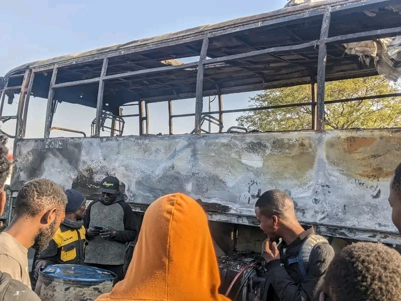 Power Tools Bus Gutted by Fire on Great North Road